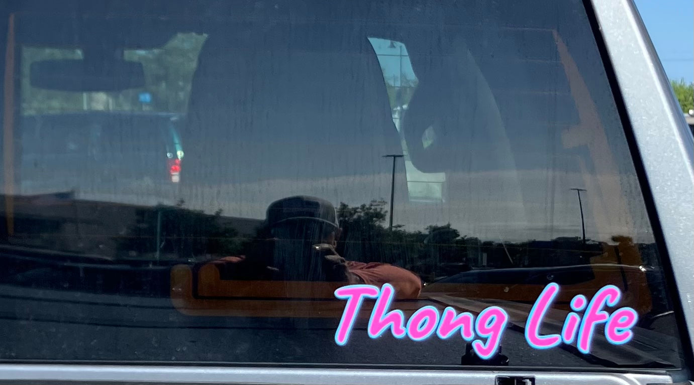 Vinyl die-cut window sticker hot pink and aqua trim – Thong Life